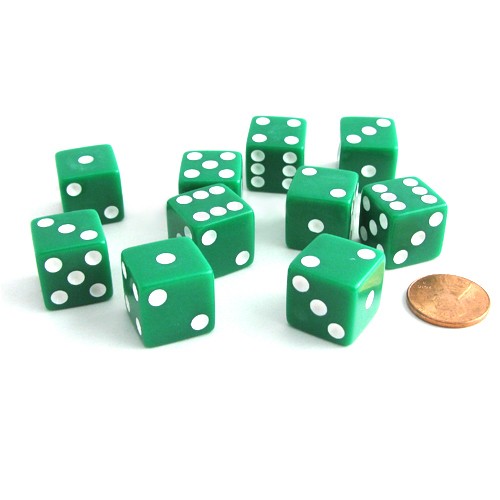 Set of 10 Six Sided Square Opaque 16mm D6 Dice - Green with White Pip ...