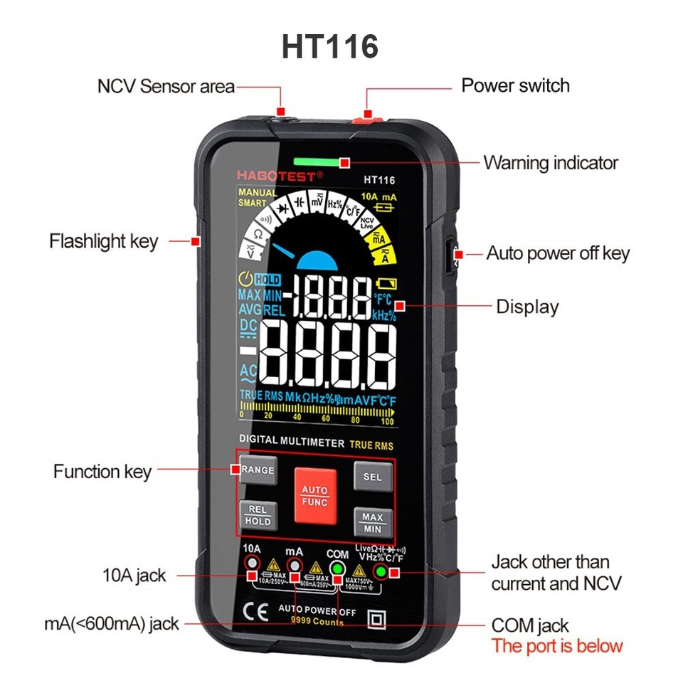 HABOTEST HT116 Digital Multimeter AC DC Ammeter Ohmmeter Volt Meter ...