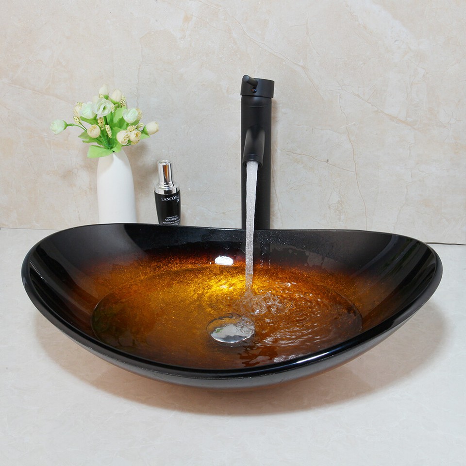 Bathroom Boat Shape Tempered Glass Vessel Sink Faucet Pop-up Drain Bath ...