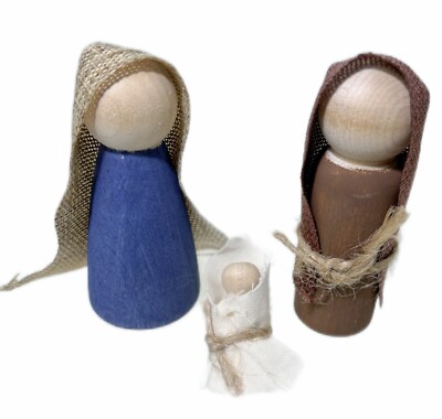Primitive Mini Nativity Figurine Wood Faceless 3 Piece 3.75” | eBay