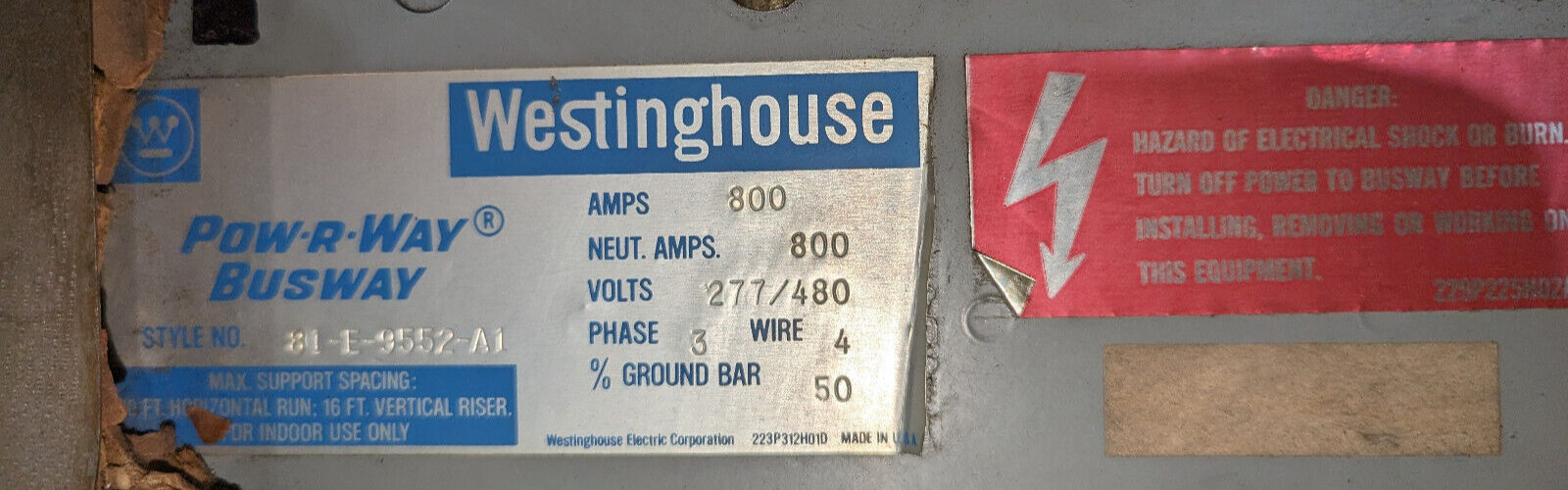 WESTINGHOUSE POW-R-WAY BUSWAY 800A 277/480V 3 PHASE 4 WIRE 50% 81-E ...