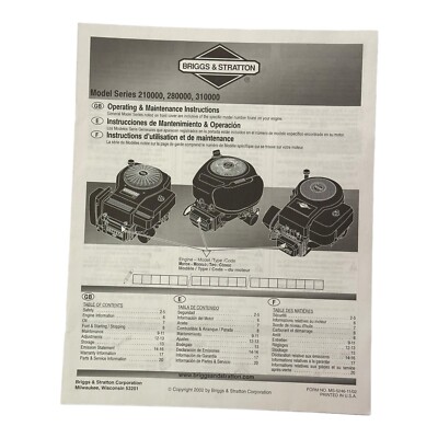 Owner's Manual Briggs & Stratton Model Series 210000 280000 310000 ...