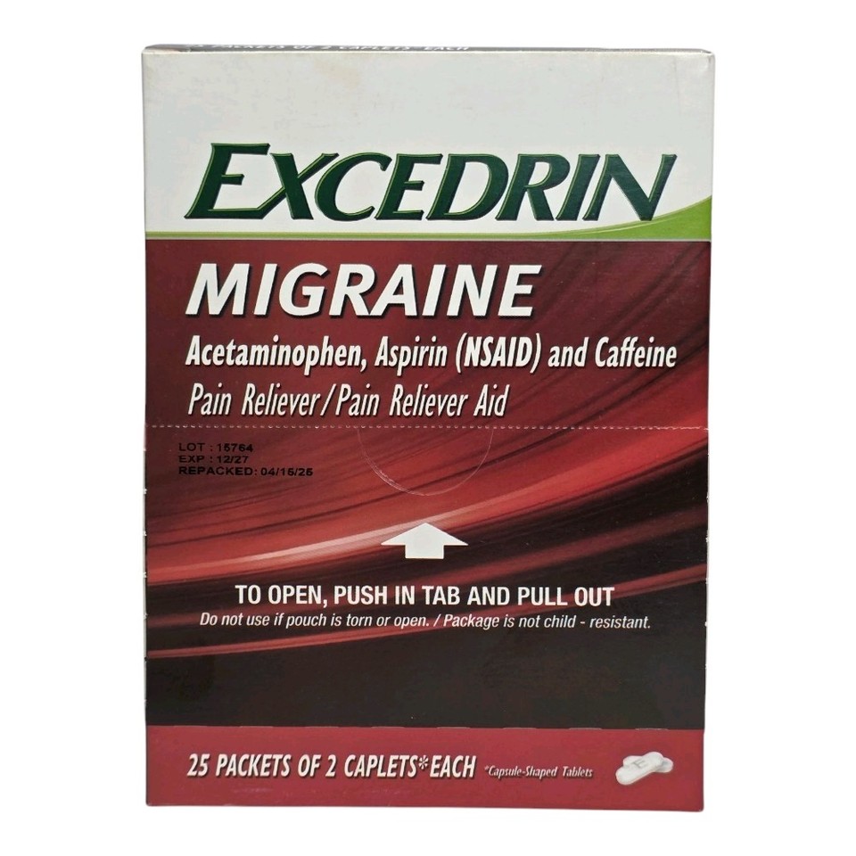Excedrin Migraine Caplets 25 Packets of 2 (25/2s) Display Box Exp. Date ...