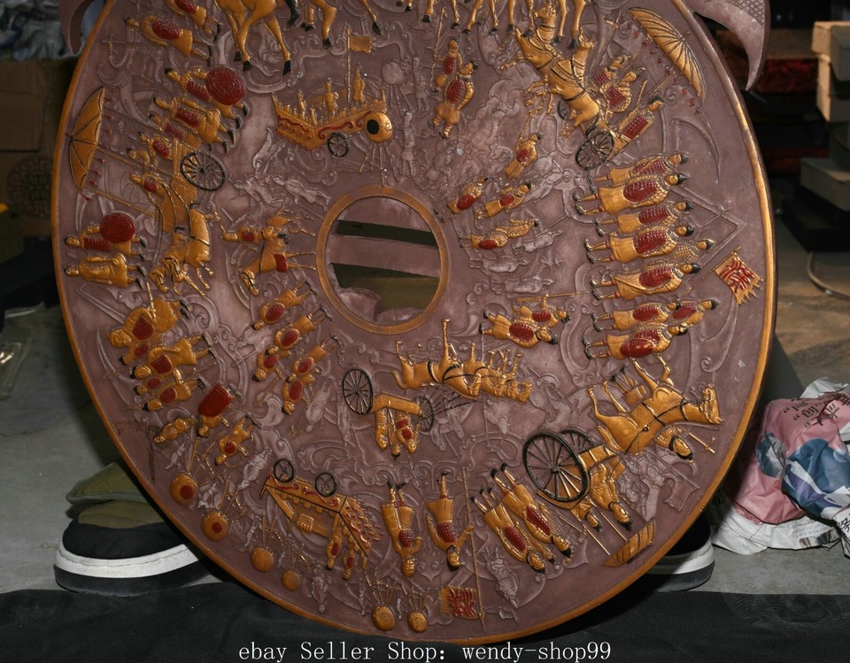 33" Old Dynasty Hetian Jade Gilt Painting General Ride Horse Soldiers ...