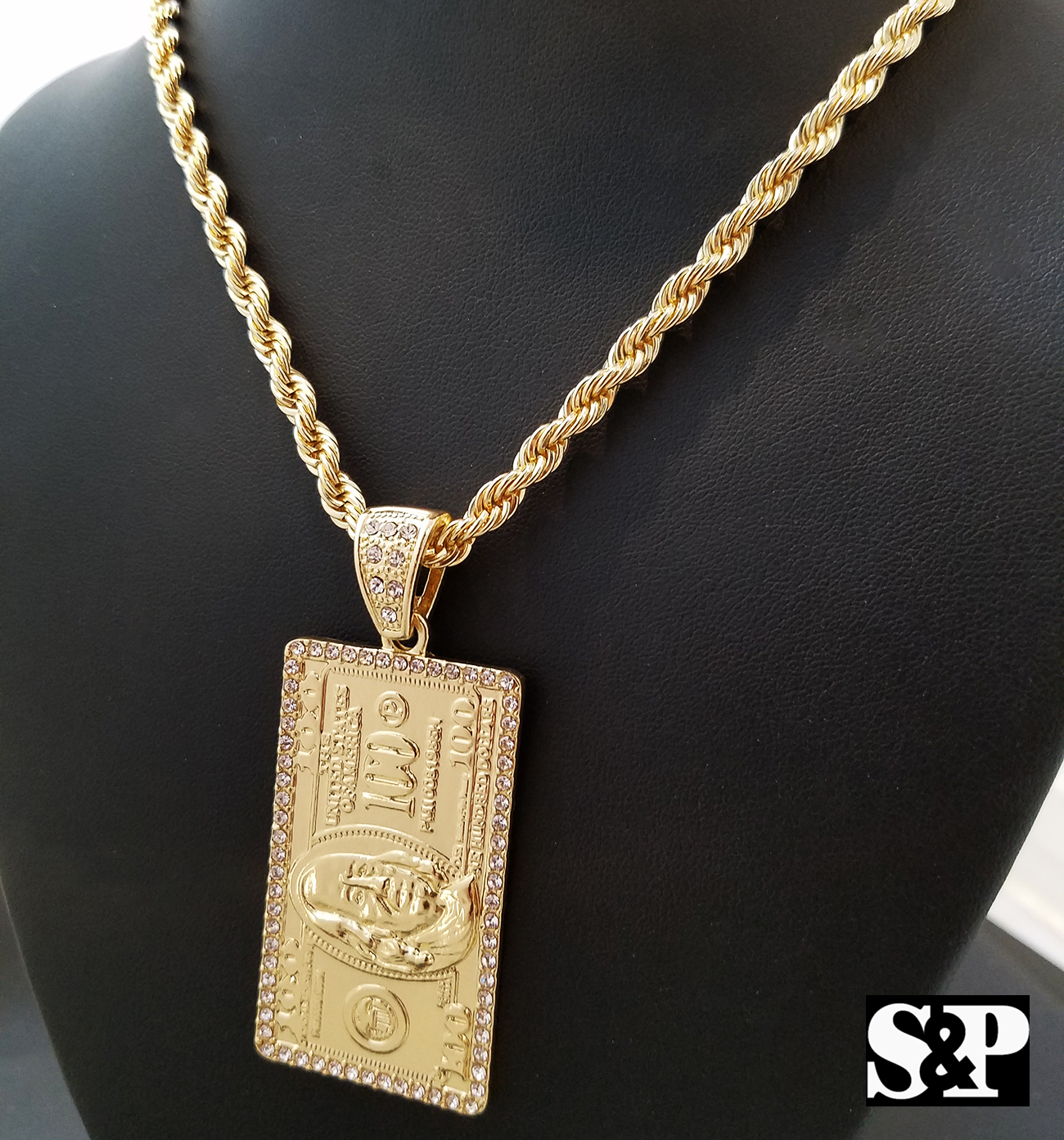 $100 Hundred Dollar Bill Benjamin Money Pendant w/ 5mm 30" Rope Chain ...