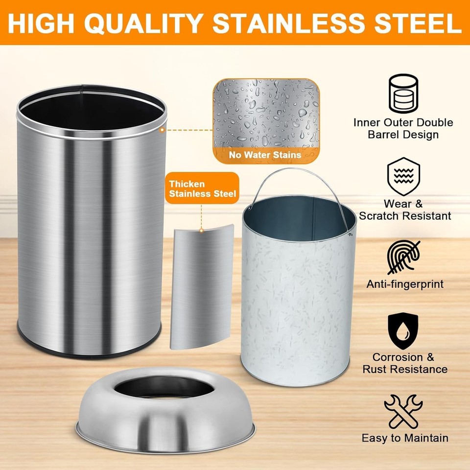 Stainless Steel Open Top Trash Can 50L/70L Commercial Indoor Outdoor ...