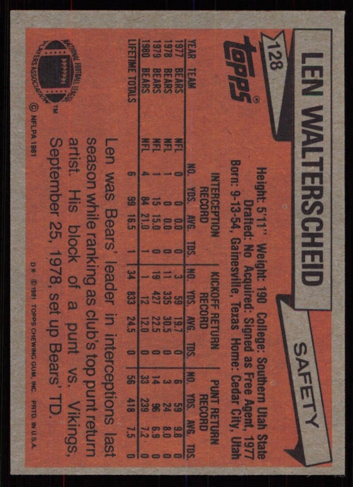 1981 Topps Len Walterscheid Rookie Chicago Bears #128 | eBay
