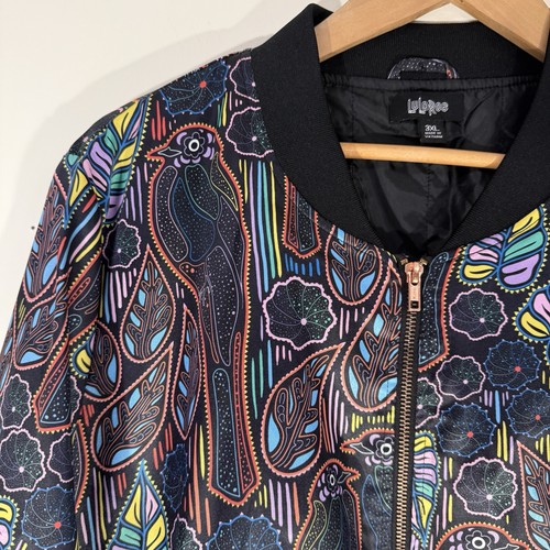 Lularoe Women's 3 3XL Bomber Jacket Plus Full Zip Rainbow Satin Bird ...