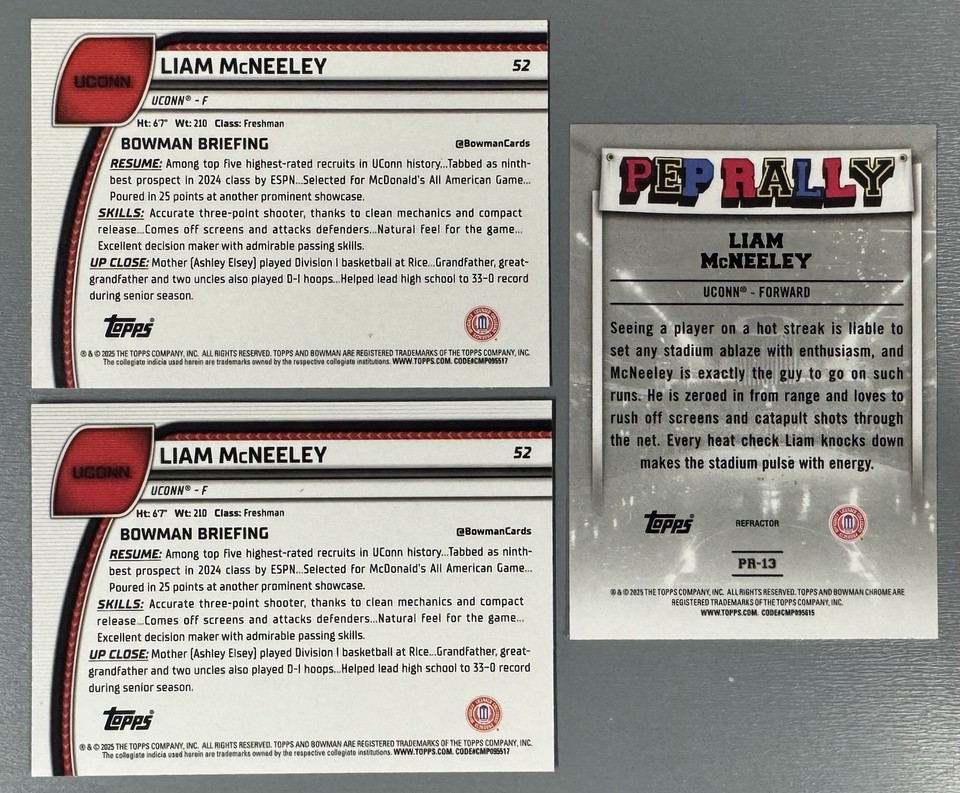 3- 2024-25 Bowman Chrome U Liam McNeely 1st Purple Lava Pep Rally ...