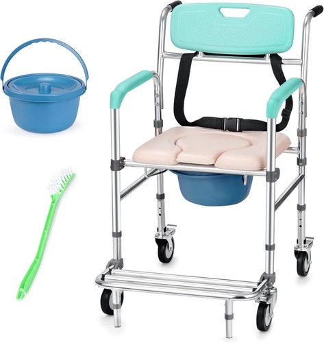 Medical Shower Commode Wheelchair Bedside Toilet Height Adjustable Rolling Chair | eBay