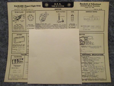 A.E.A. Tune Up System Specification Chart Card Packard Super Eight 1948 ...
