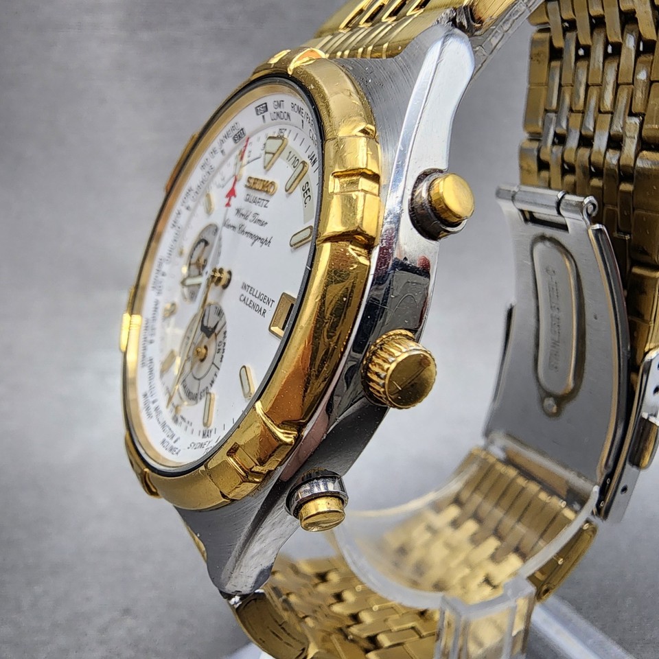 Seiko World Time Watch Men 39mm White Dial Two Tone Alarm Chrono 6M15 ...