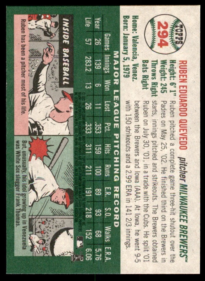2003 Topps Heritage - MINT * Ruben Quevedo Milwaukee Brewers #294 | eBay
