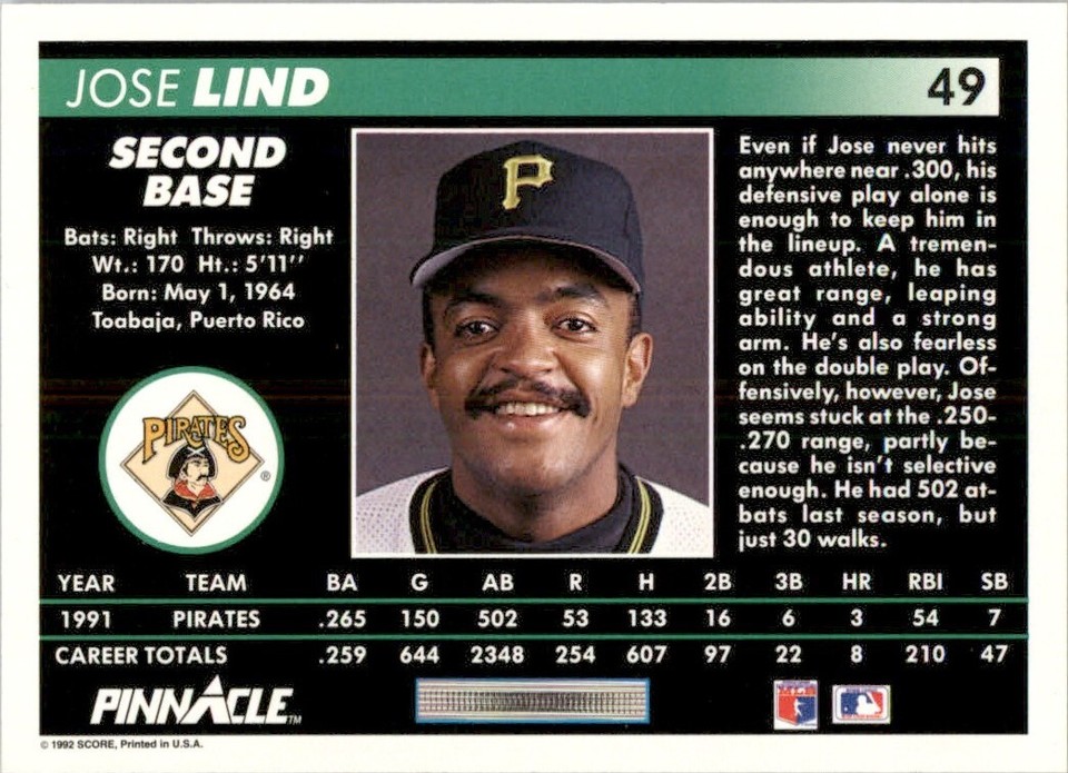 1992 Pinnacle Jose Lind Pittsburgh Pirates #49 Baseball Card | eBay