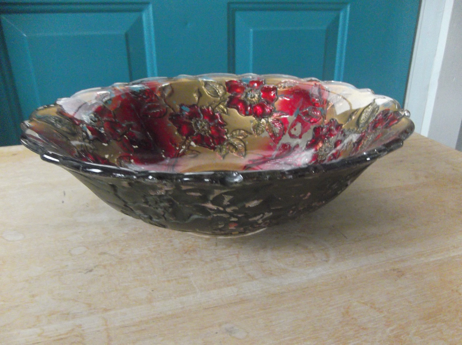 Vintage Goofus Glass Red and Gold Floral Design Bowl | eBay