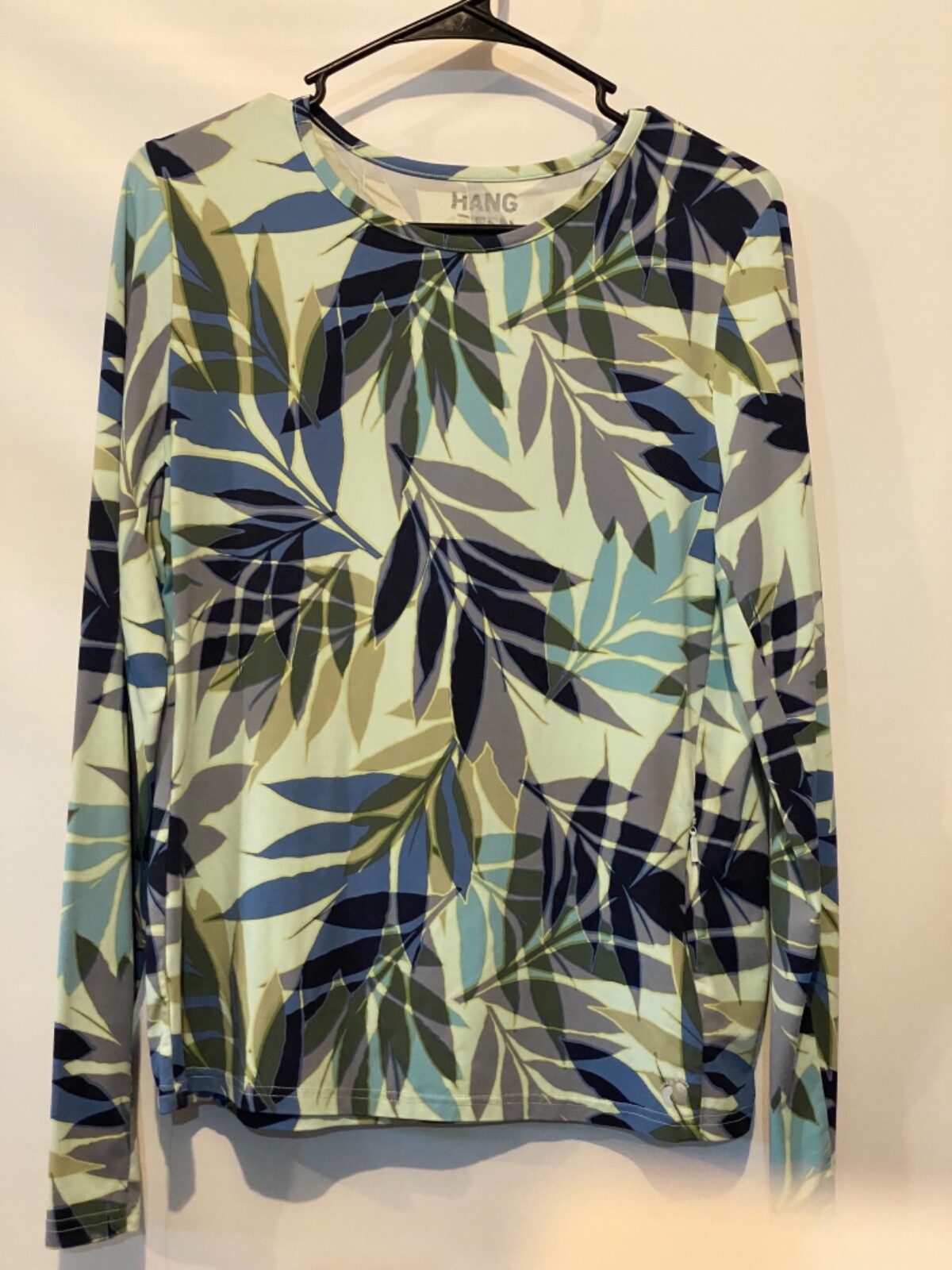 Hang Ten M Blue Green Leaves Stretch Zip Pocket Long Sleeve Pullover ...