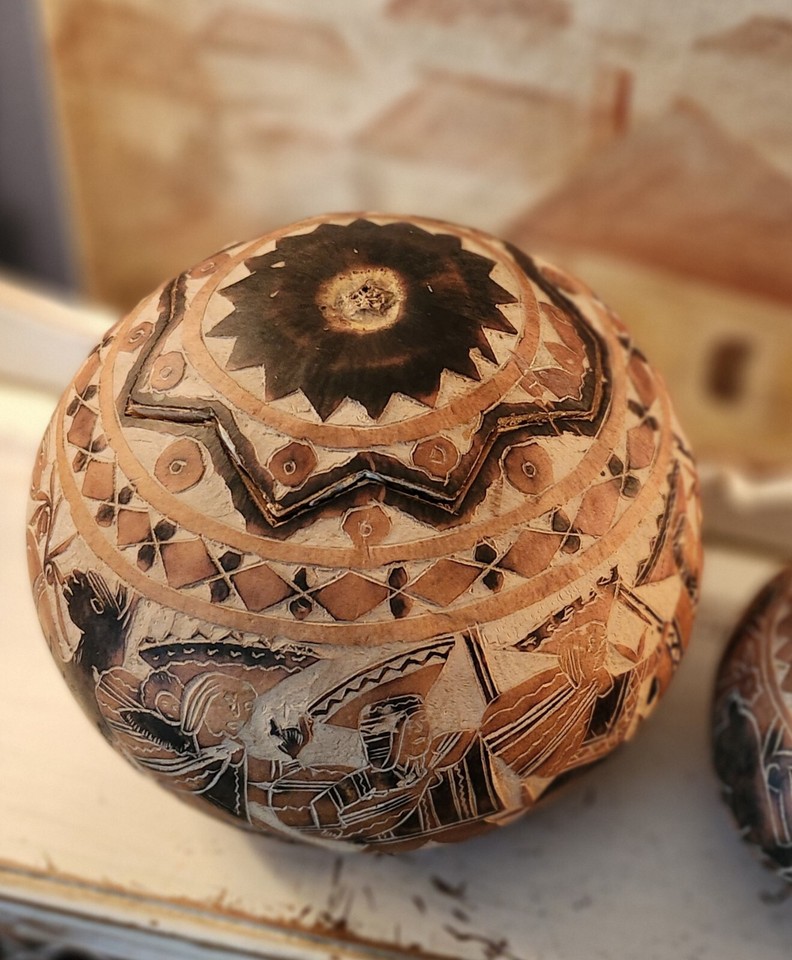 Set Of 2 Peruvian Hand Carved Folk Art Gourds Collectible Home Decor | eBay