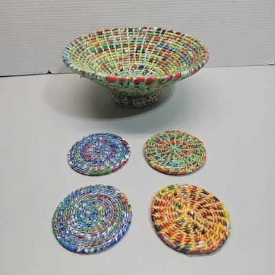 Candy Wrapper Woven Basket Bowl and 4 drink coasters | eBay