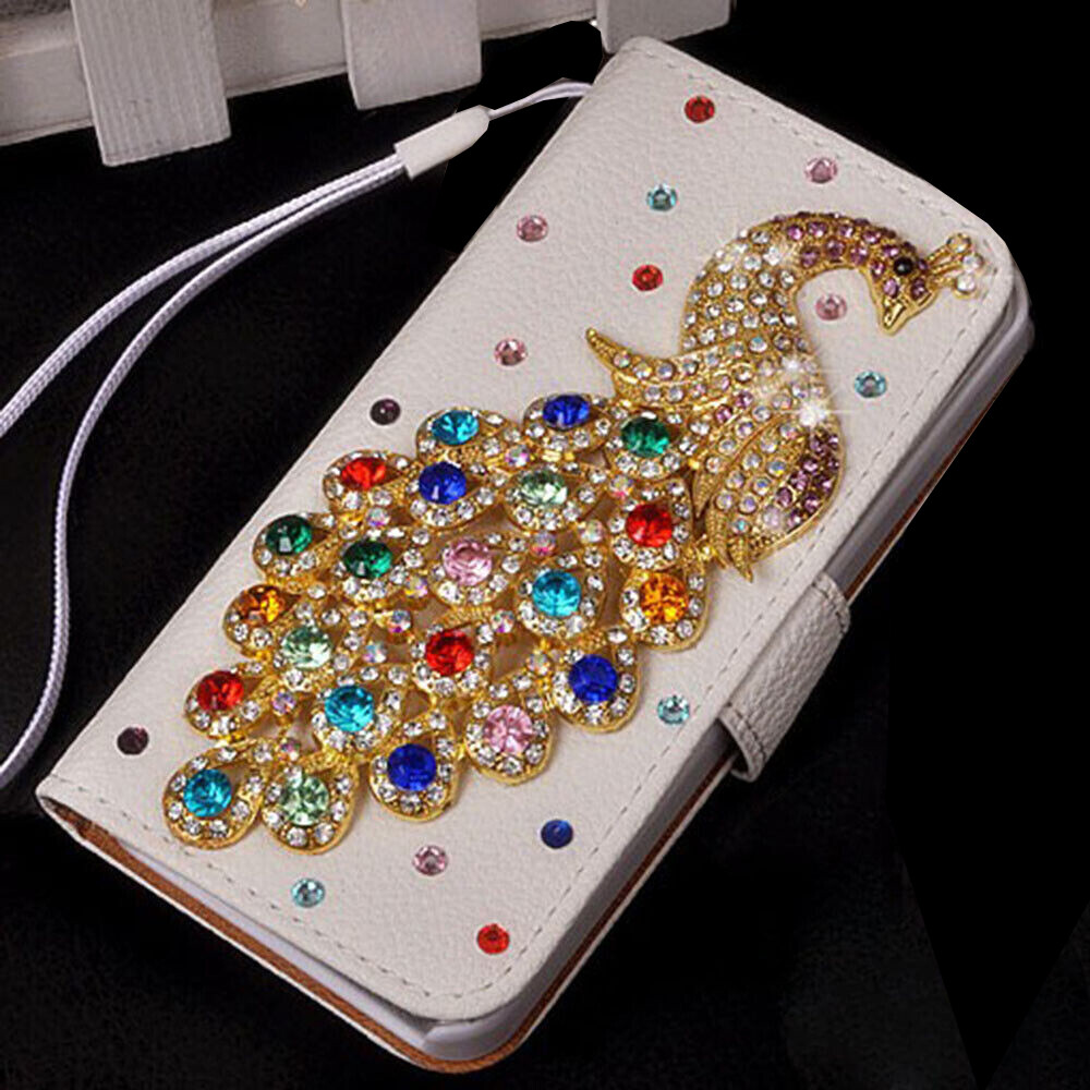 Women/Girl Leather Rhinestone Bling Peacock Diamonds Flip Card Wallet ...