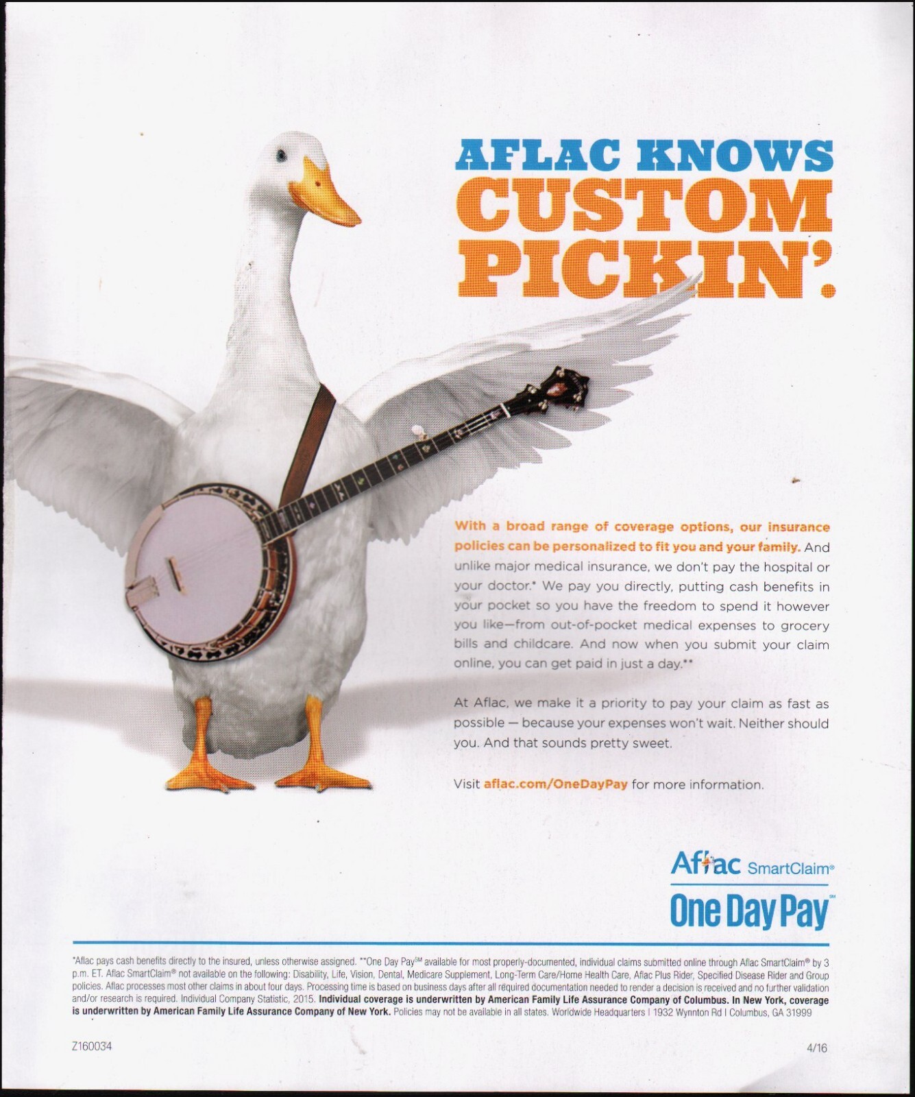 2016 Vintage ad Aflac Insurance Banjo Duck One day pay 10/21/23 | eBay