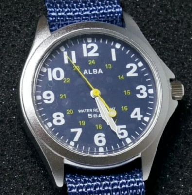 SEIKO ALBA Military Field Watch AQPK402 Navy Blue Dial Strap Luminous ...