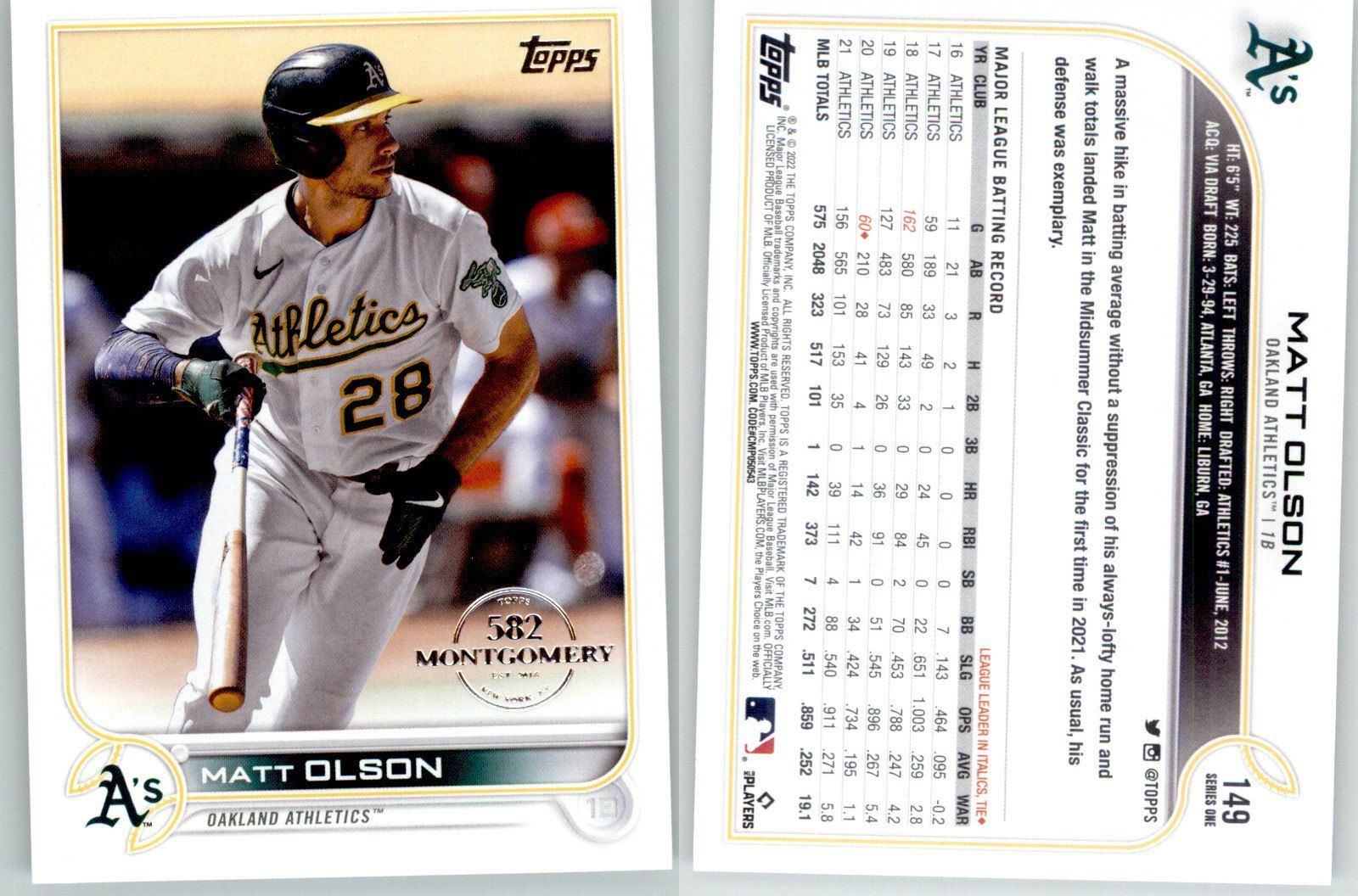 Matt Olson 2022 Topps 582 Montgomery Stamped Set #149 Athletics | eBay