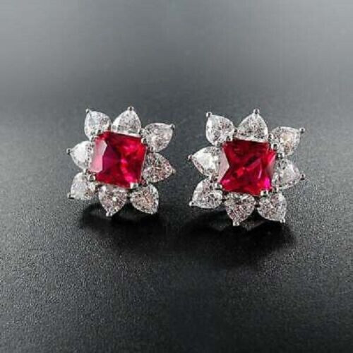 4Ct Lab Created Red Ruby Attractive Halo Stud Earrings 14K White Gold Finish | eBay