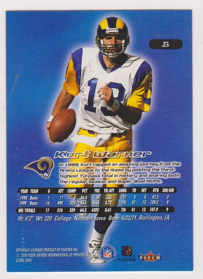 2000 Fleer Ultra Kurt Warner card #1 St. Louis Rams NFL | eBay