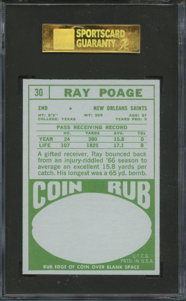 1968 Topps #30 Ray Poage SGC 96 Mint 9 New Orleans Saints | eBay