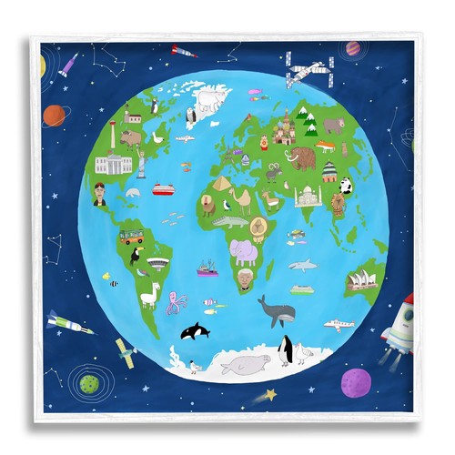 Children's Earth and Outer Space Map Animals Stars White Framed Wall ...