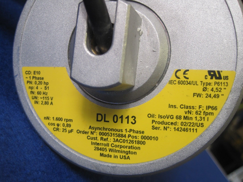 INTERROLL DL0113 DRUM MOTOR, 115V, 1 PHASE, 0.20 hp, 60 Hz, | eBay