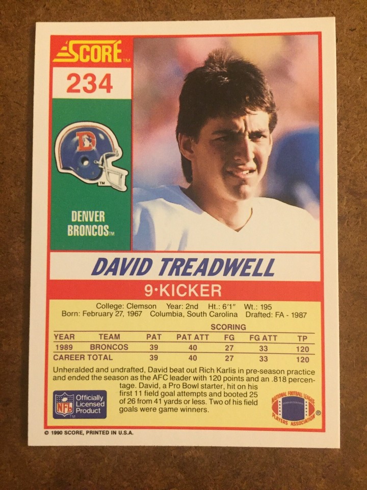 David Treadwell 234 Score 1990 NFL Football Trading Card | eBay