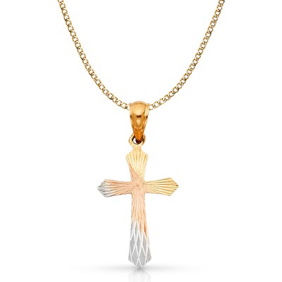 14K Tri Color Gold Cross Stamp Charm Pendant & 3.4mm Hollow Cuban Chain ...
