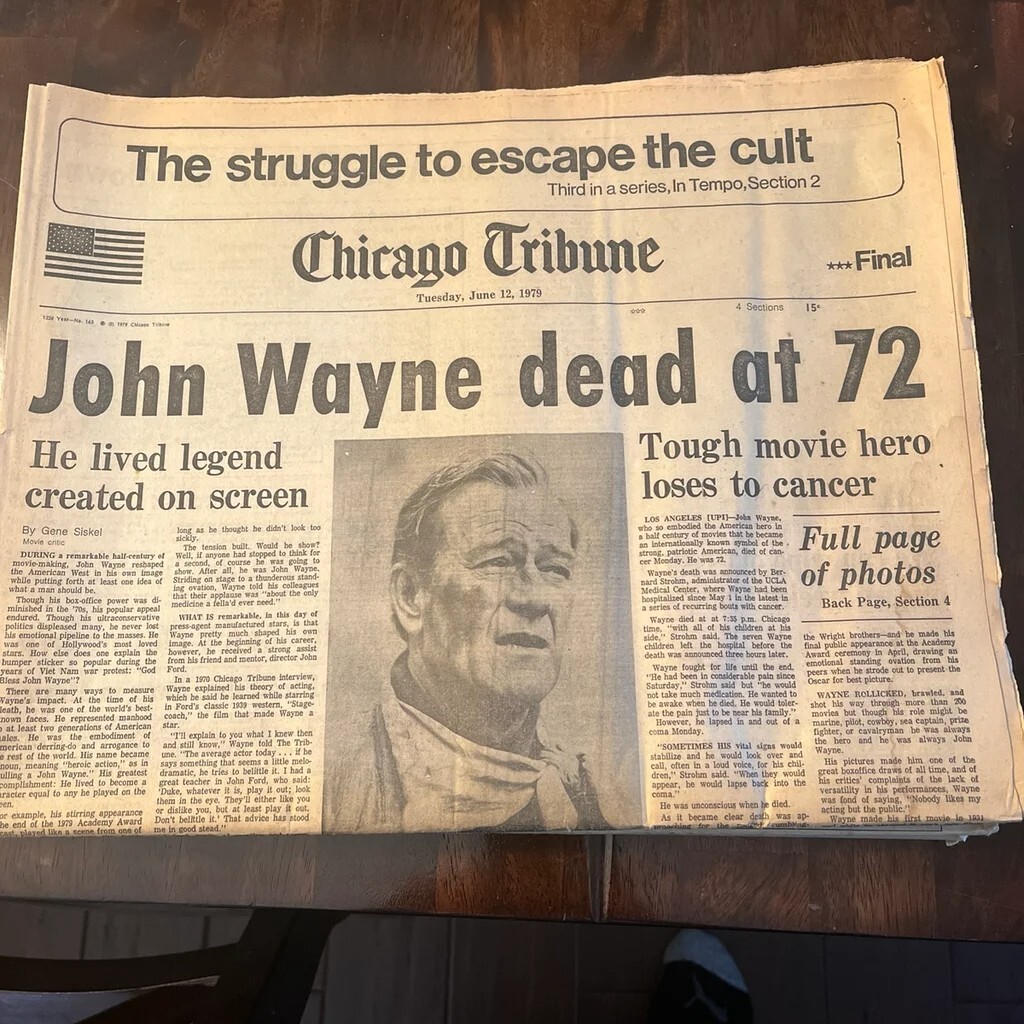 John Wayne Dead at 72 Chicago Tribune June 12, 1979 Newspaper | eBay