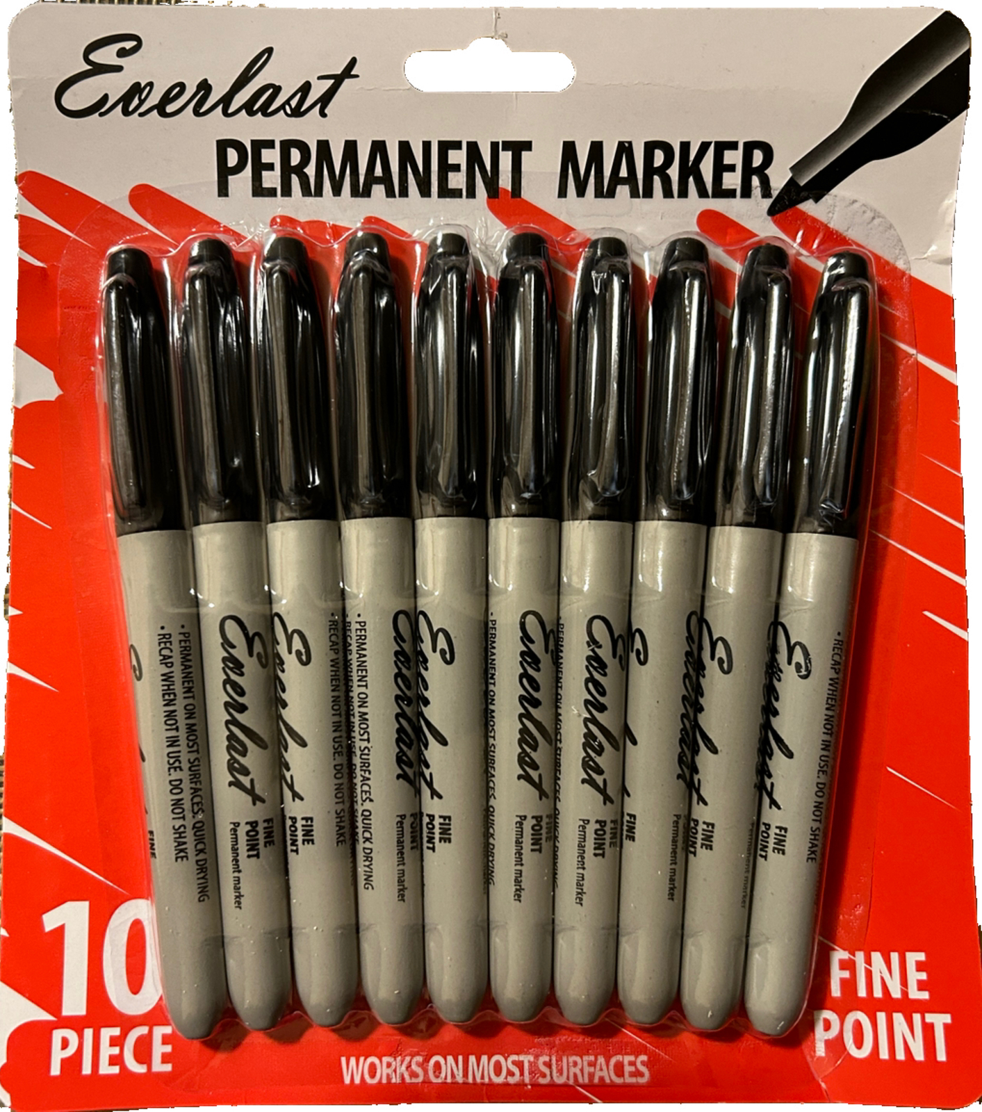 BLACK FINE POINT PERMANENT MARKERS EVERLAST PACKAGE OF 10 USE ON MOST ...