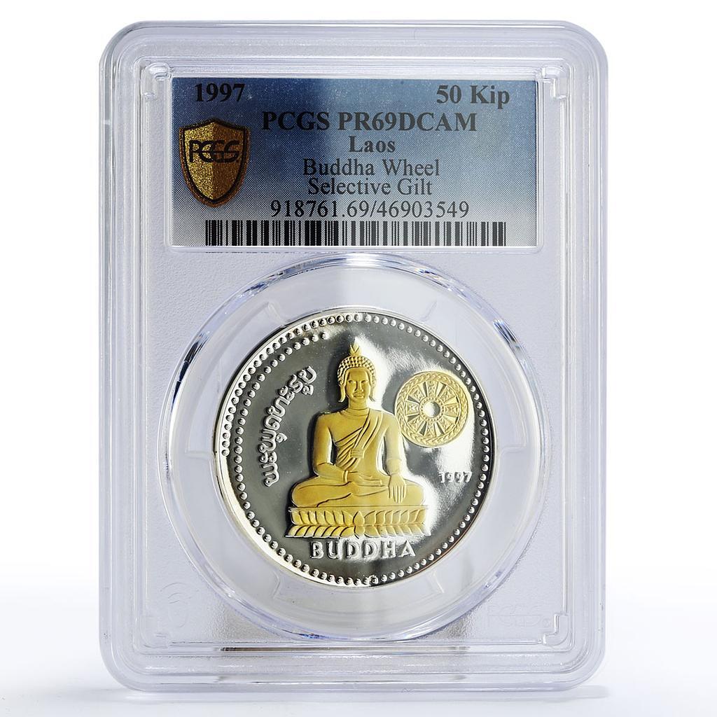 Laos 50 kip Religion Buddhism Buddha Wheel PR69 PCGS gilded silver coin ...