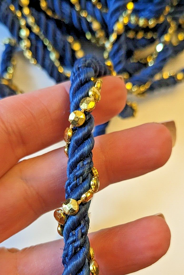 Blue and Gold Cord Christmas Garland Braided Beaded Twisted 54 Feet Vtg ...