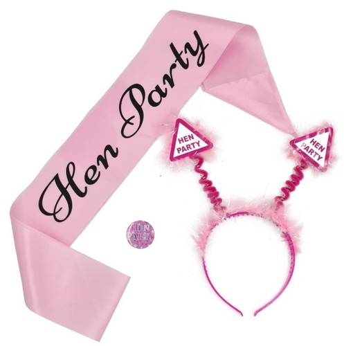 3pcs Hen Party Set Head Boppers Sash & Badge Night Out Pink Headband ...