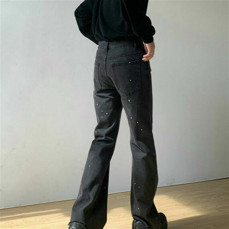 Men Bell Bottom Jeans Irregular Trouser Retro Black Slim Long Flared ...