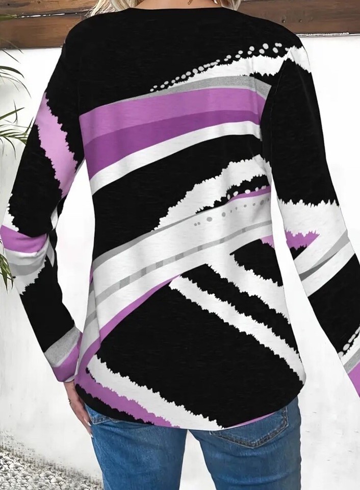 Plus Size M US Size 6 Long Sleeve Two Button Purple Geo Print Top New ...
