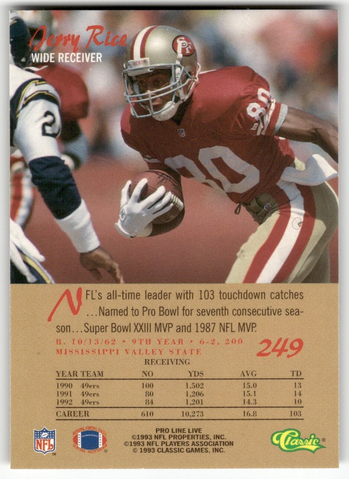 1993 Pro Line Live Jerry Rice #249 San Francisco 49ers | eBay