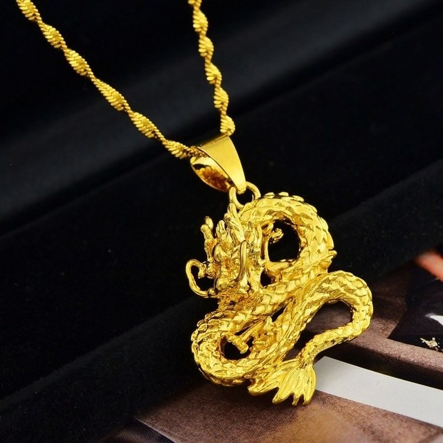 24k Gold Bold Dragon Pendant and Link Chain 20" Mens Womens Necklace ...