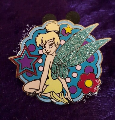 Tinkerbell Kneeling Pink Flower Blue Glitter Wings Round Blue Disney ...