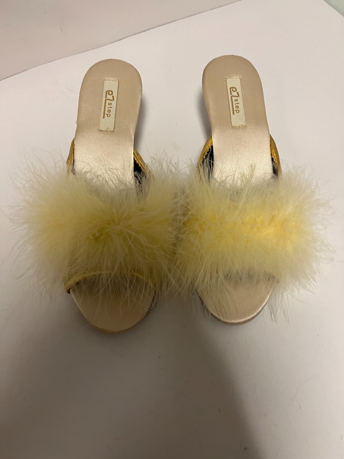 #69 EZSTEP wedges Women marabou slipper ostrich feather BLACK GOLD ...