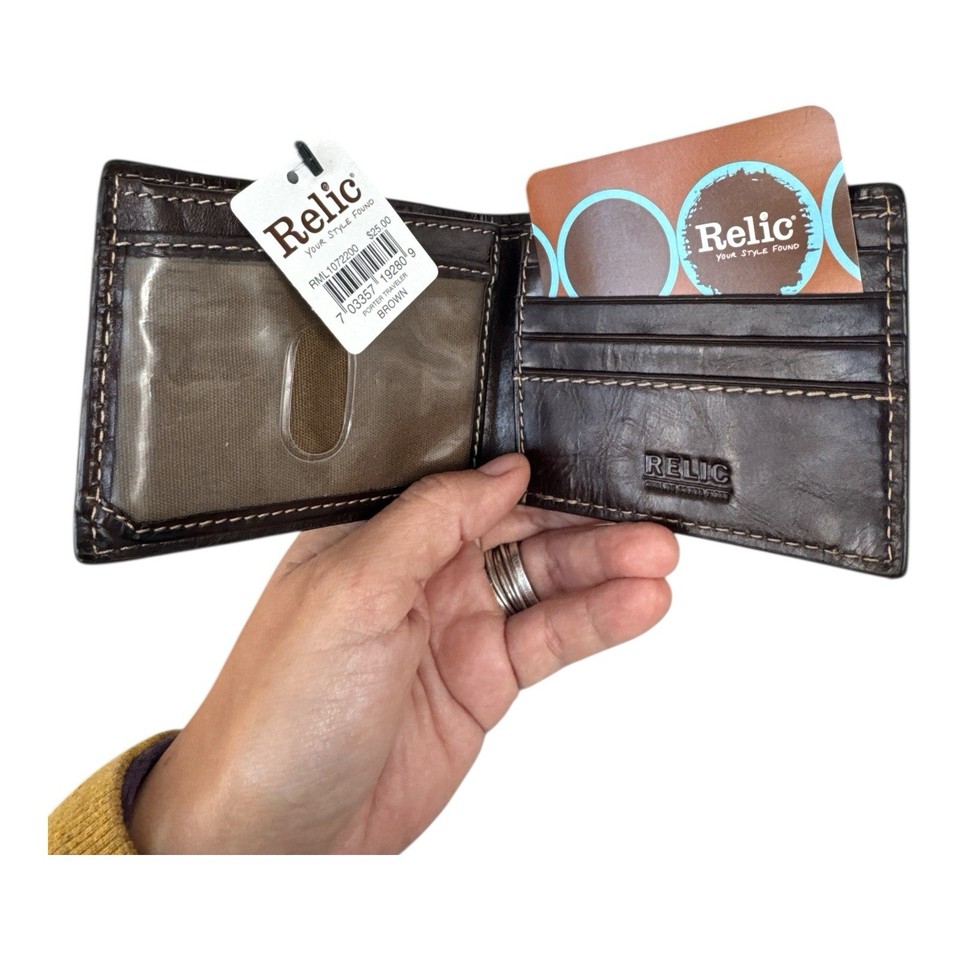 Relic Fossil Mens Brown Leather Bifold ID Window Wallet Porter Traveler ...
