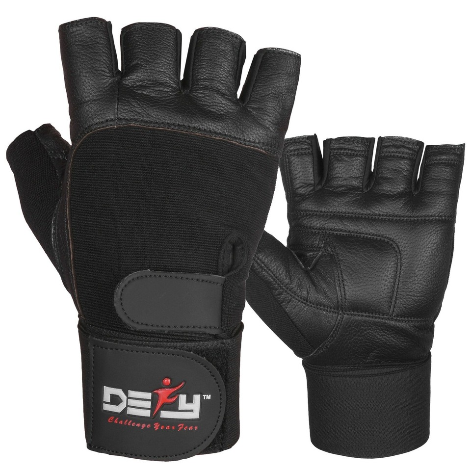 DEFY Real Leather Padded Gym Gloves Fitness Weightlifting Training Long ...