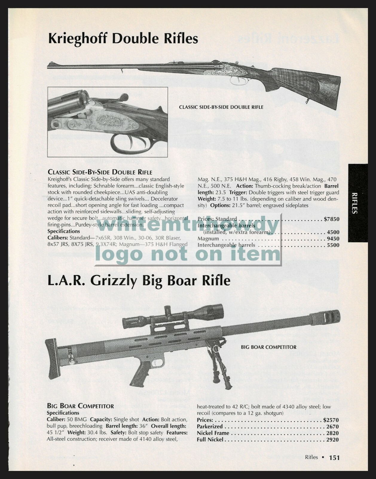 2003 L.A.R. LAR GRIZZLY Big Boar KRIEGHOFF Side by Side Double Rifle ...