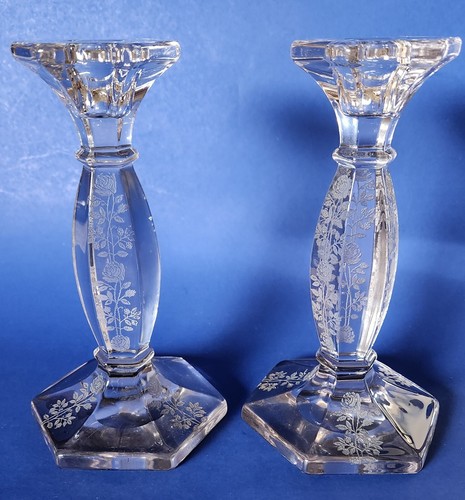 Vintage HEAVY Crystal Candlesticks/Holders Rose Floral Etched 7 1/2 ...