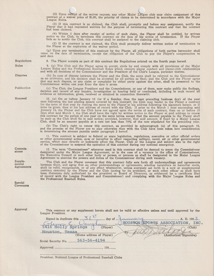 Glenn Vaughan Signed 1963 Houston Colt .45's Player Contract - Deceased ...