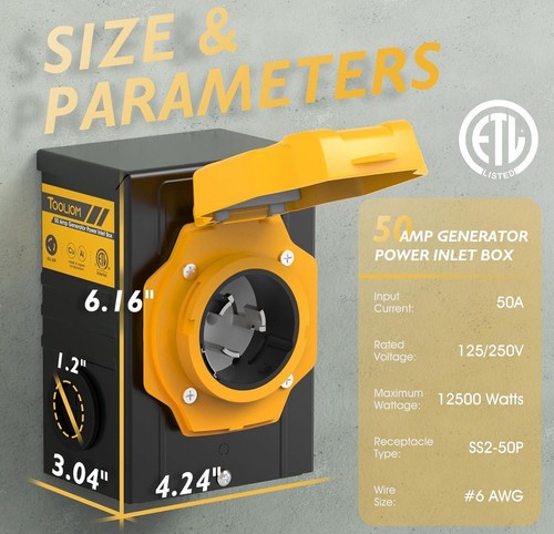 50 Amp Generator Power Inlet Box, NEMA SS2-50P Power Inlet Box for 3 ...